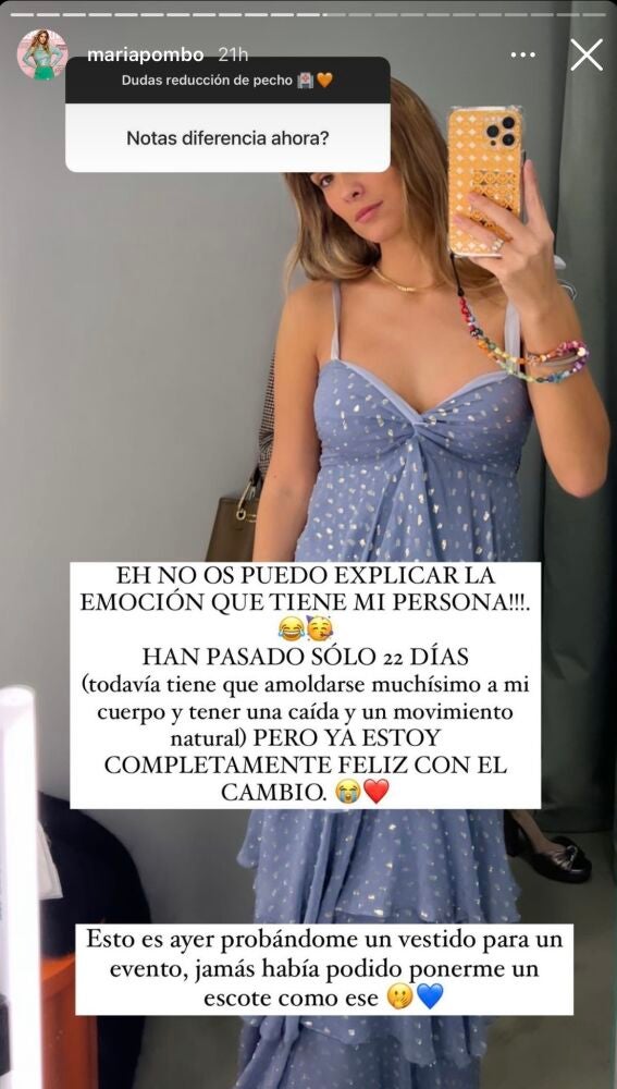 María Pombo muestra el antes y el después de su pecho tras su reducción