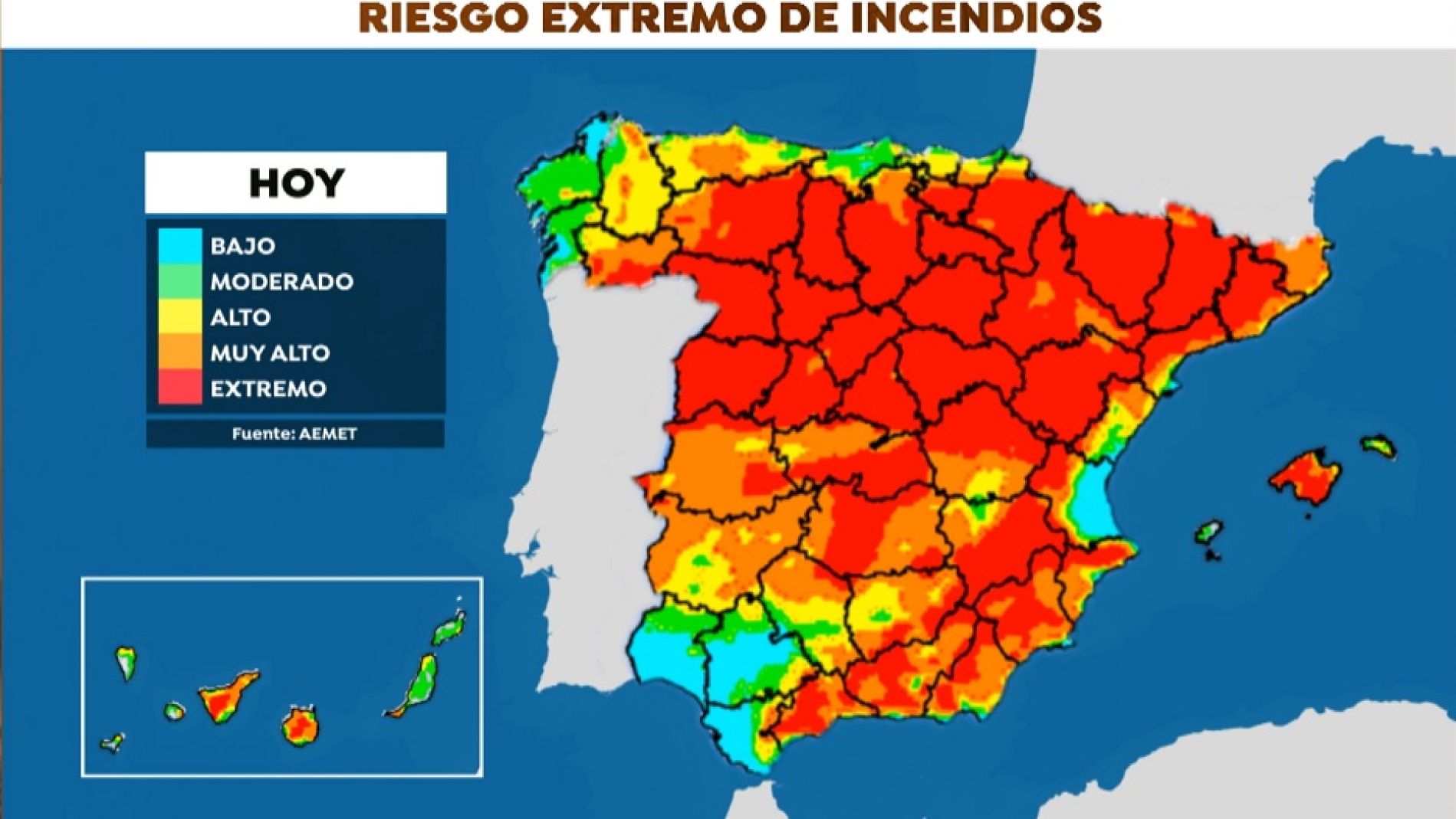Mapa del riesgo extremo de incendio en España durante la ola de calor